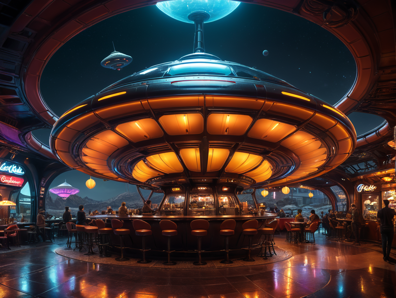 Premium Free ai Images | futuristic ufo cafe mars wasp shape an night ...