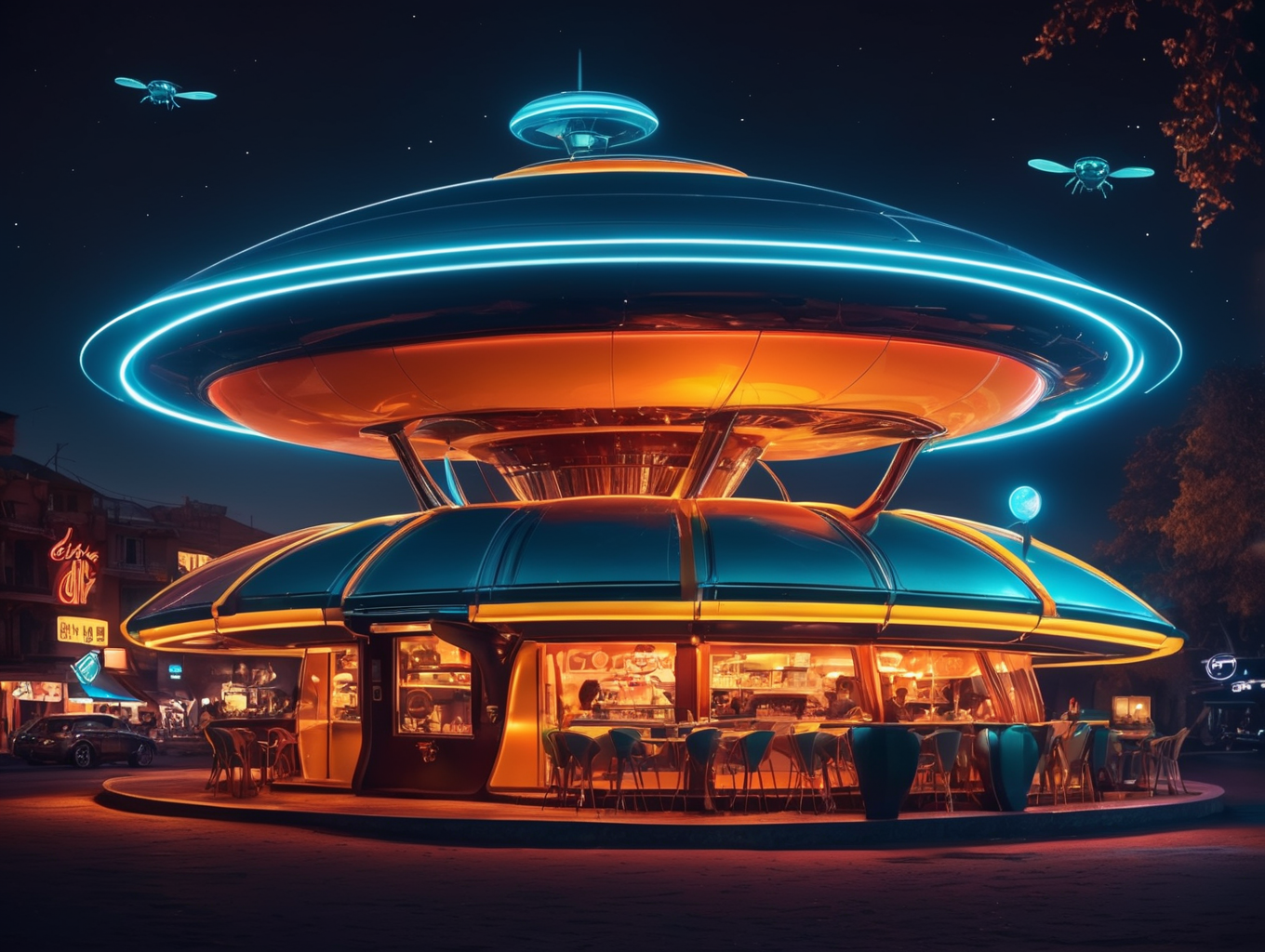 Premium Free ai Images | futuristic ufo cafe mars wasp shape an night ...