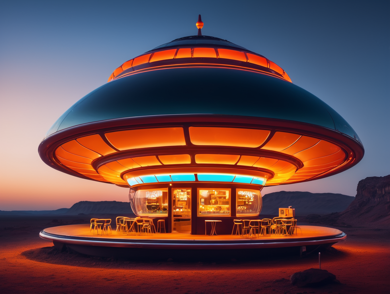 Premium Free ai Images | futuristic ufo cafe mars wasp shape an night ...