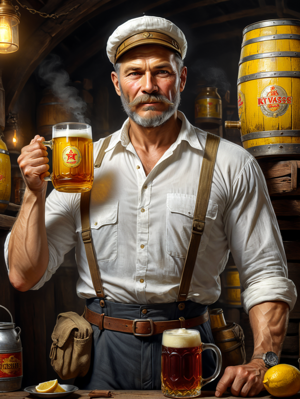 Premium Free ai Images | soviet man in white shirt and cap holds mug of ...