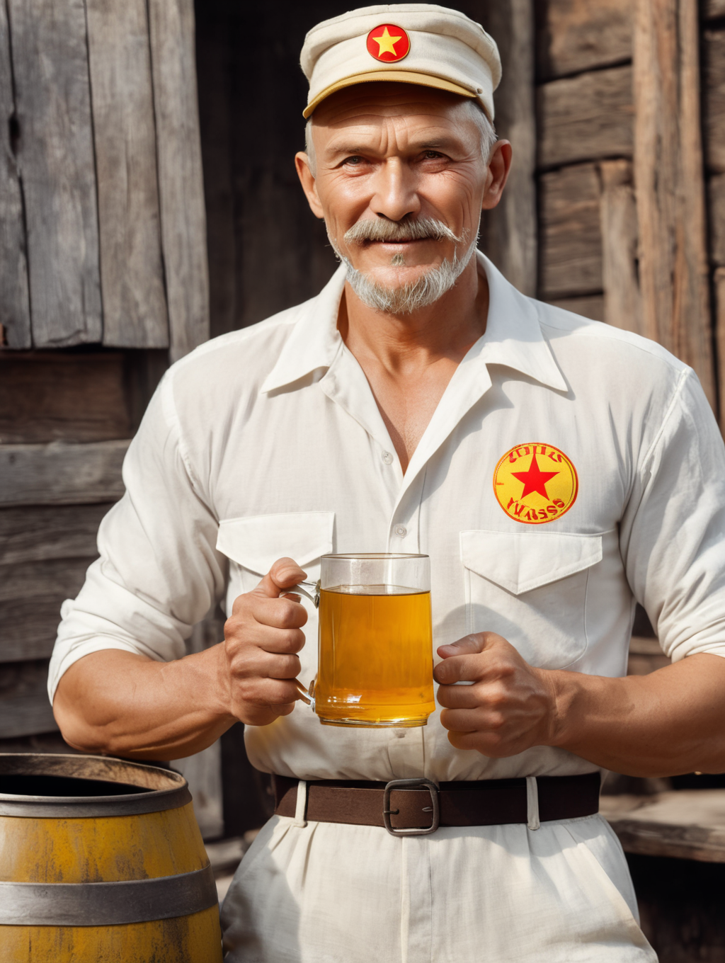 Premium Free ai Images | soviet man in white shirt and cap holds mug of ...