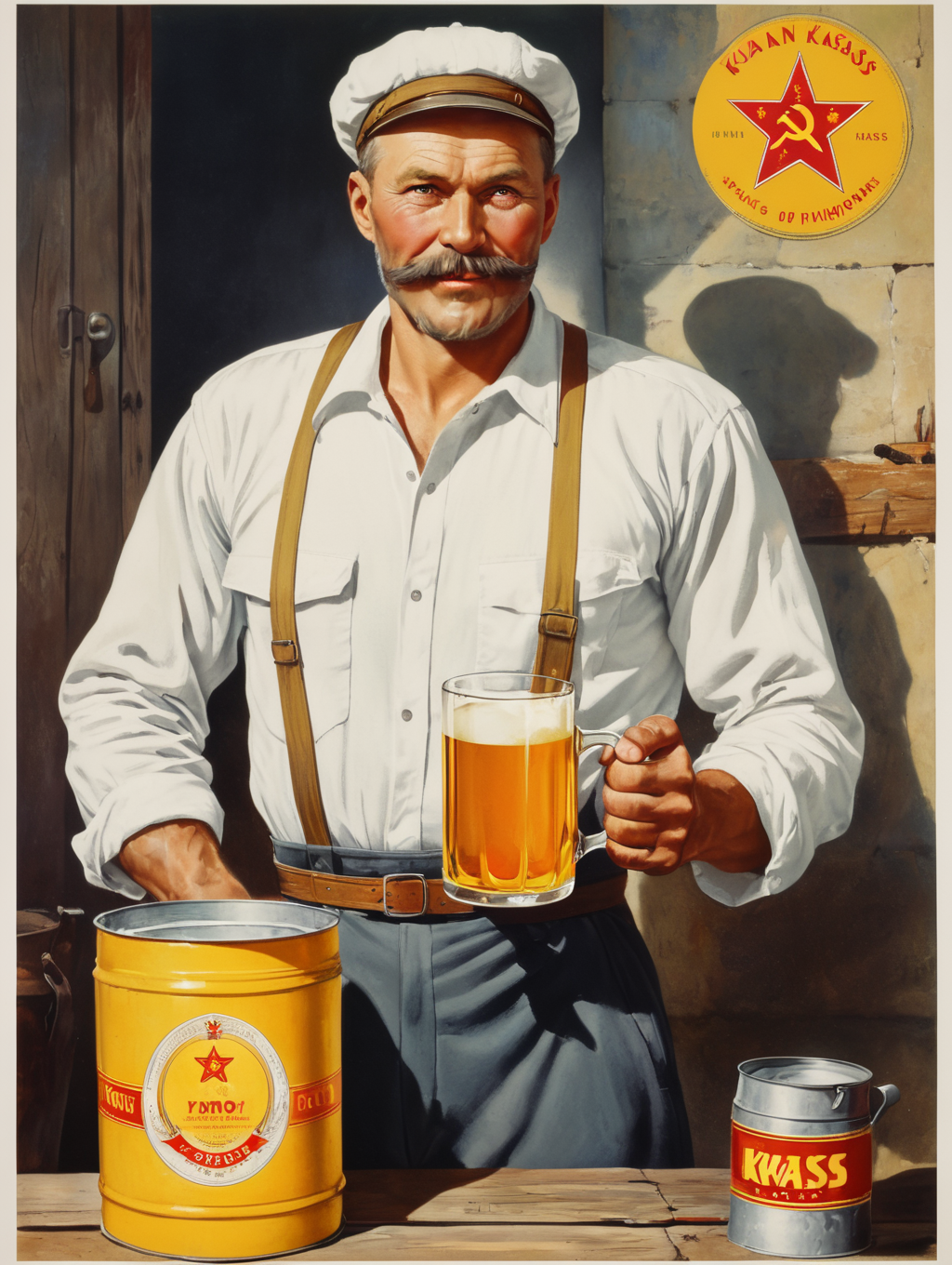 Premium Free ai Images | poster soviet man in white shirt and cap holds ...