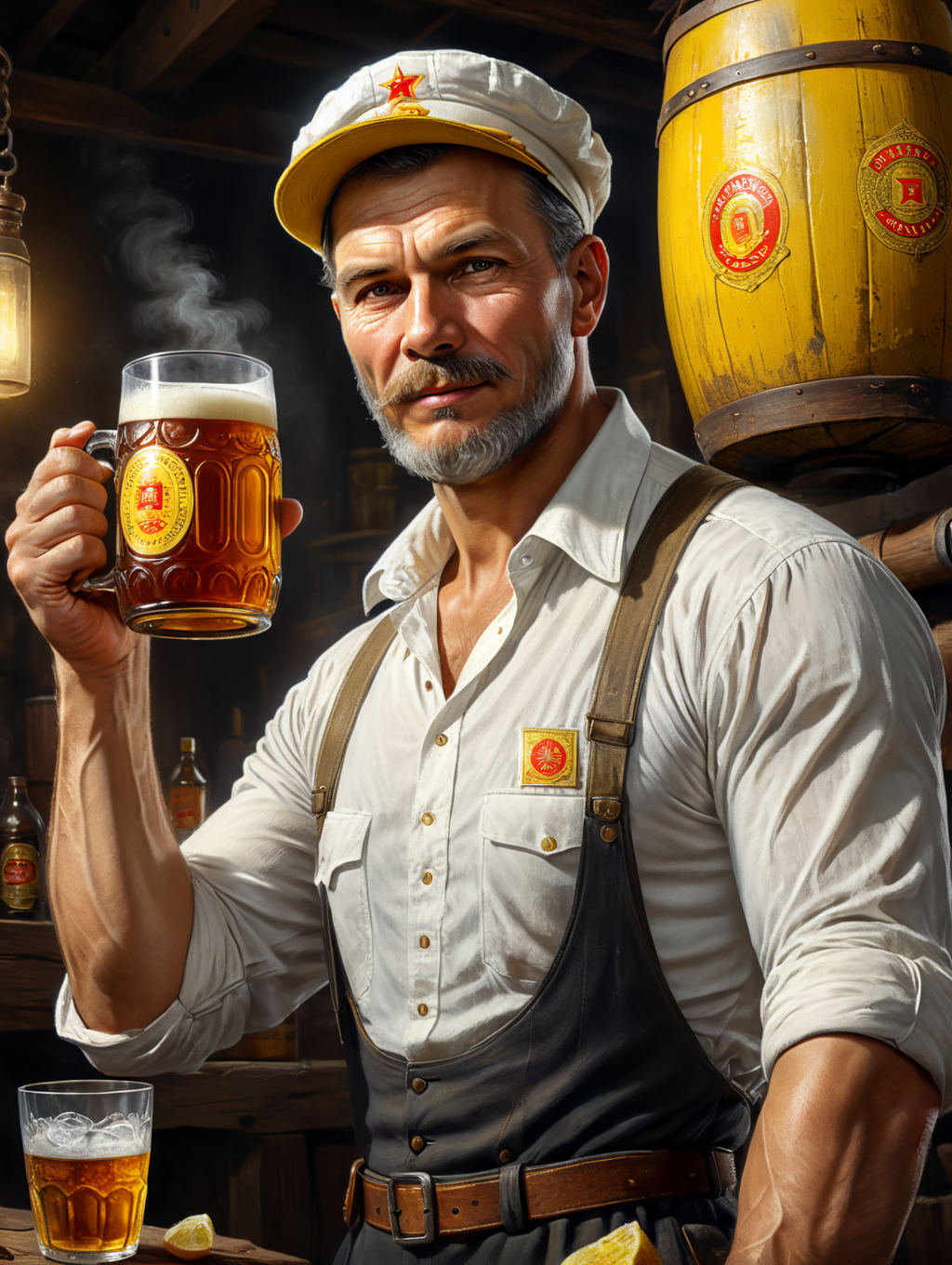 Premium Free ai Images | poster soviet man in white shirt and cap holds ...