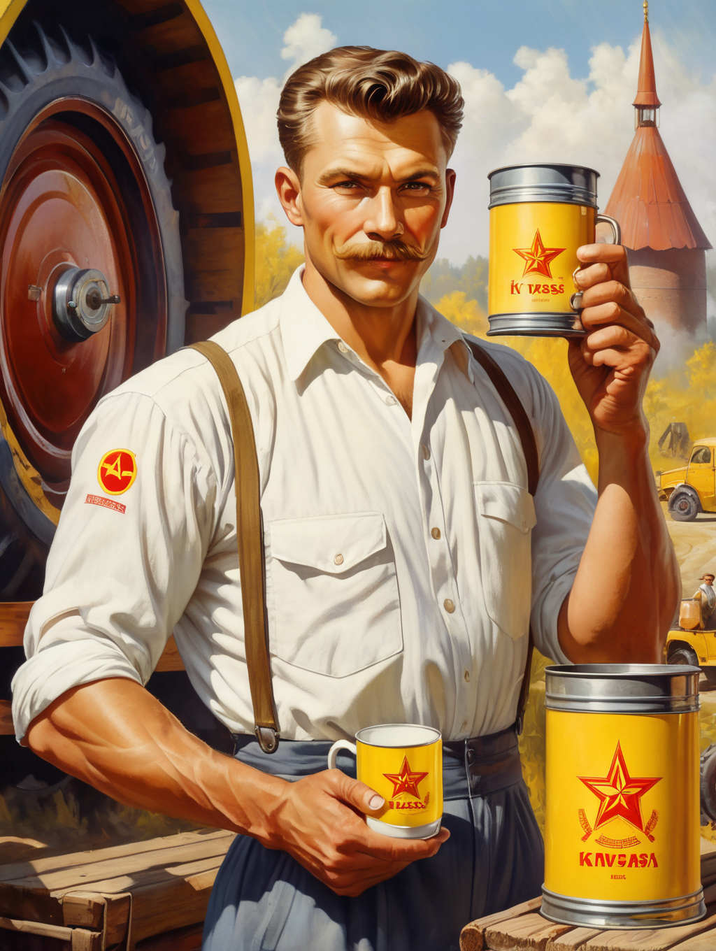 Premium Free ai Images | poster soviet male worker in white shirt holds ...