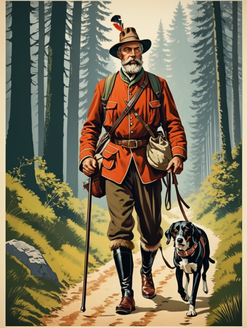 Premium Free ai Images | retro poster an old austrian hunter with ...