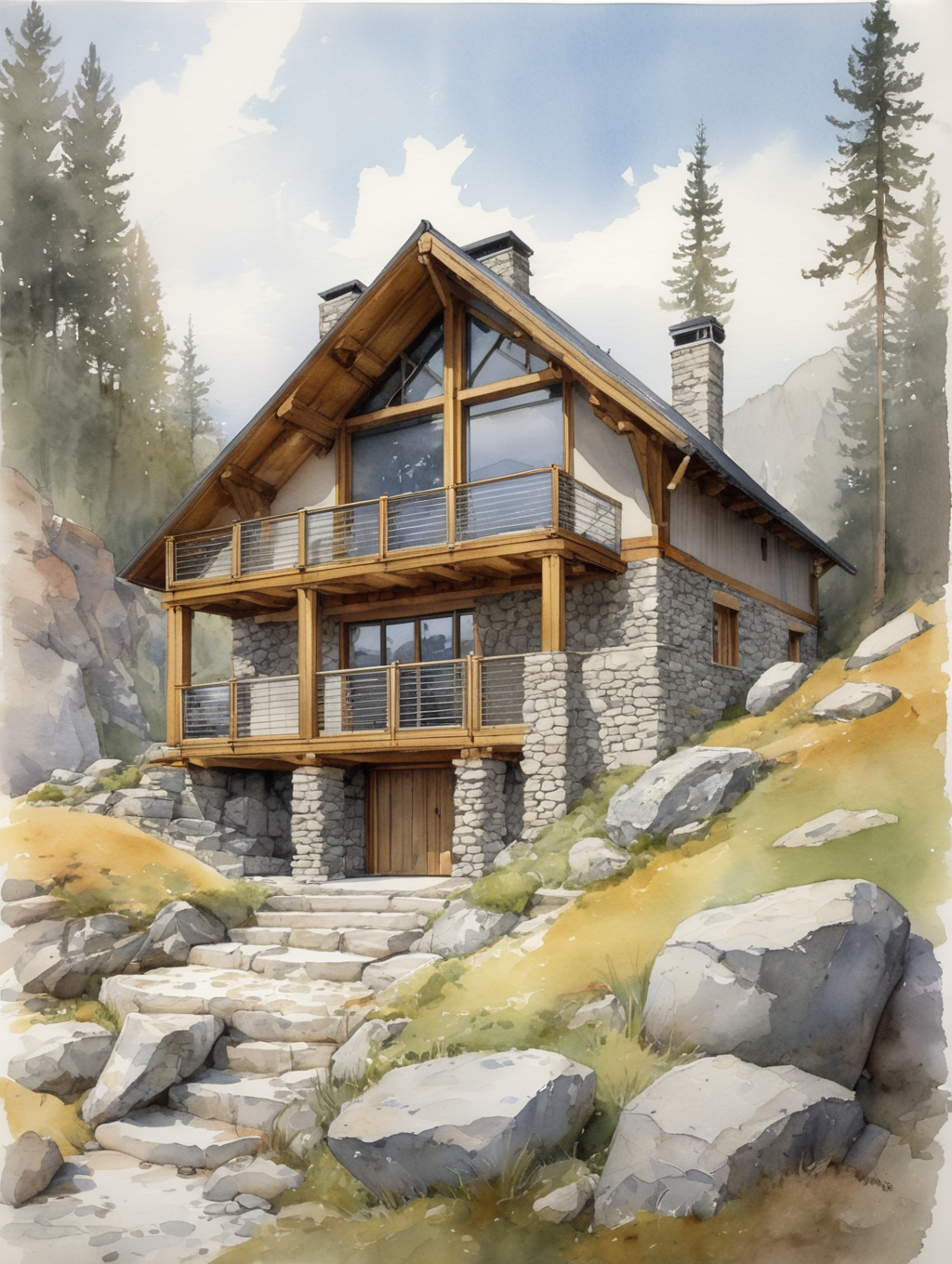 Premium Free ai Images | watercolour sketch of modern mountain timber ...