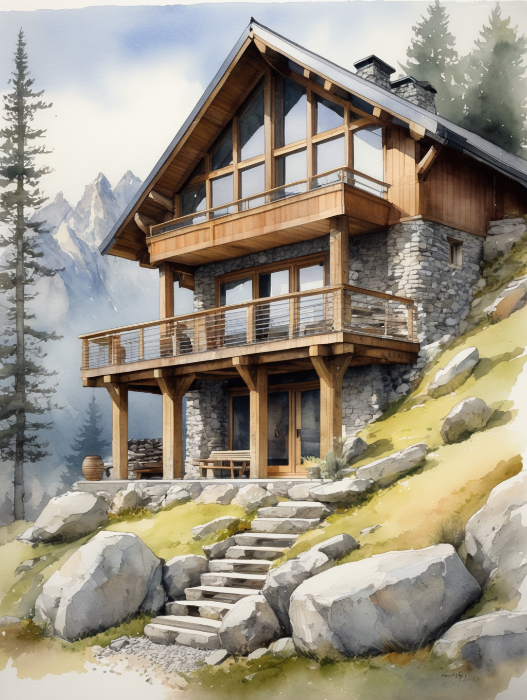 Premium Free ai Images | watercolour sketch of modern mountain timber ...