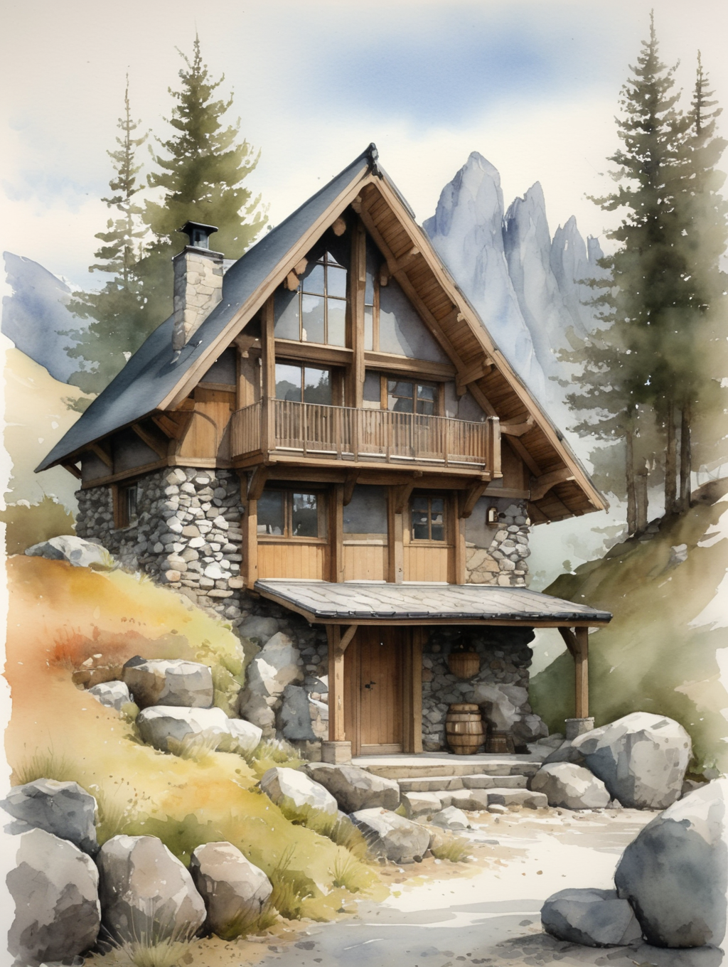 Premium Free ai Images | watercolour sketch of small mountain timber ...