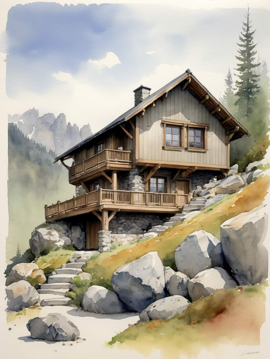 Premium Free ai Images | watercolour sketch of small mountain timber ...