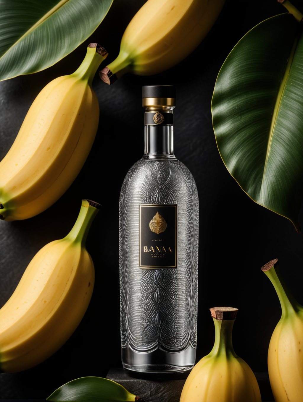 Premium Free ai Images | tall minimalist glass banana vodka bottle ...