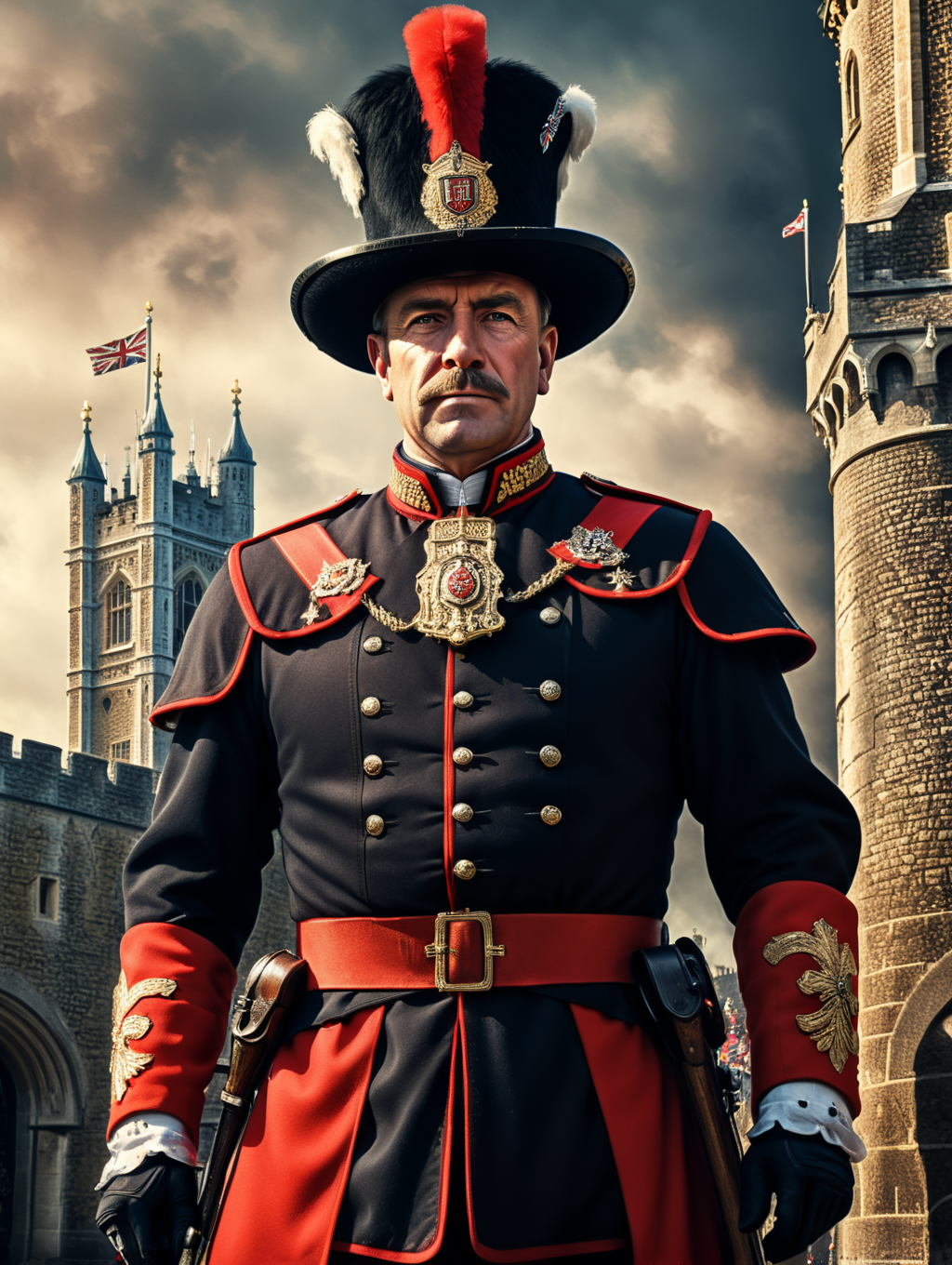 Premium Free ai Images | retro poster of beefeater man ceremonial guard ...