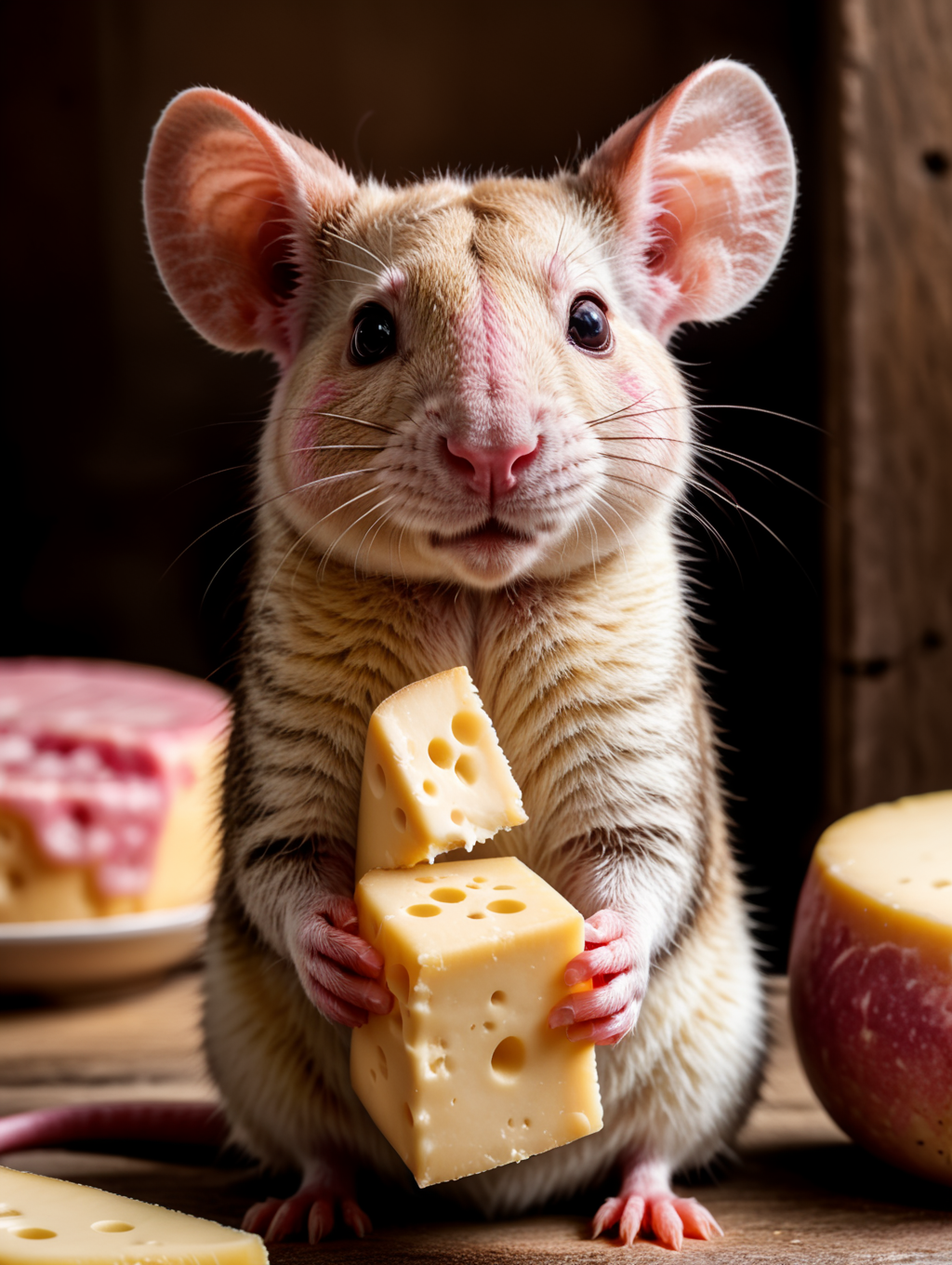 Premium Free ai Images | cute pink rat holding cheese
