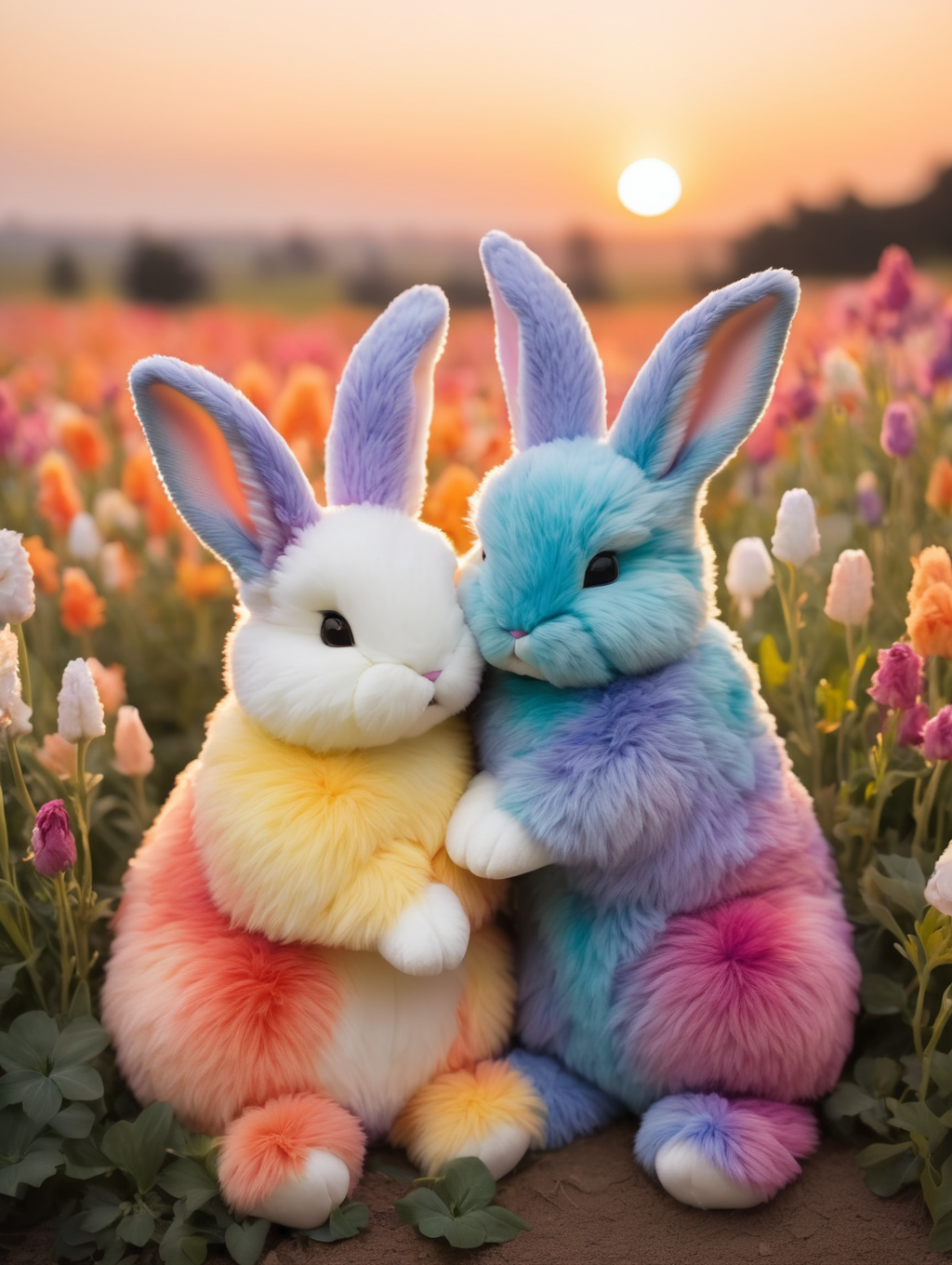 Premium Free ai Images | two tie dye rainbow fur bunnies cuddling in ...