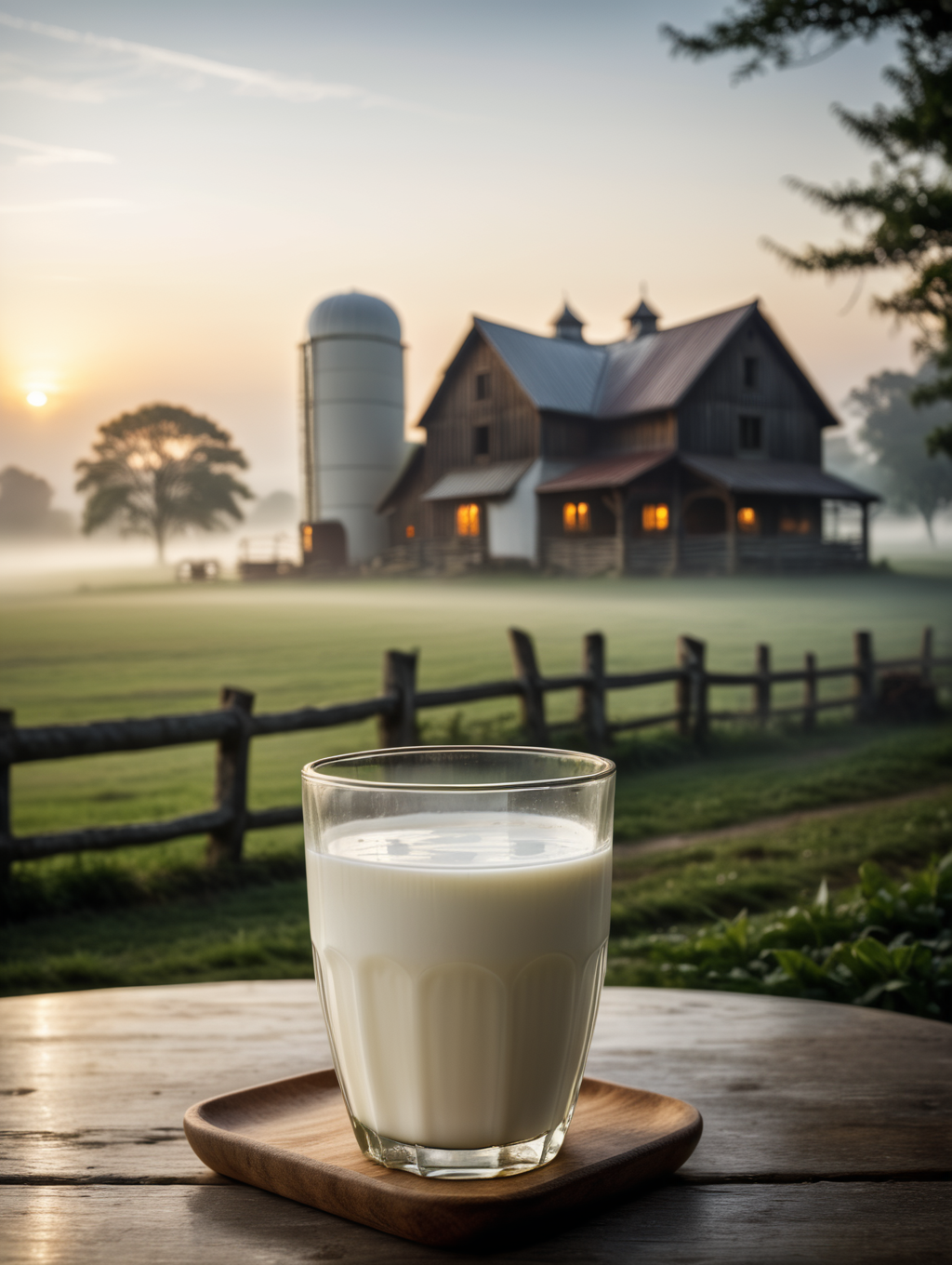 Premium Free ai Images | mockup of glass of milk early morning fog farm ...
