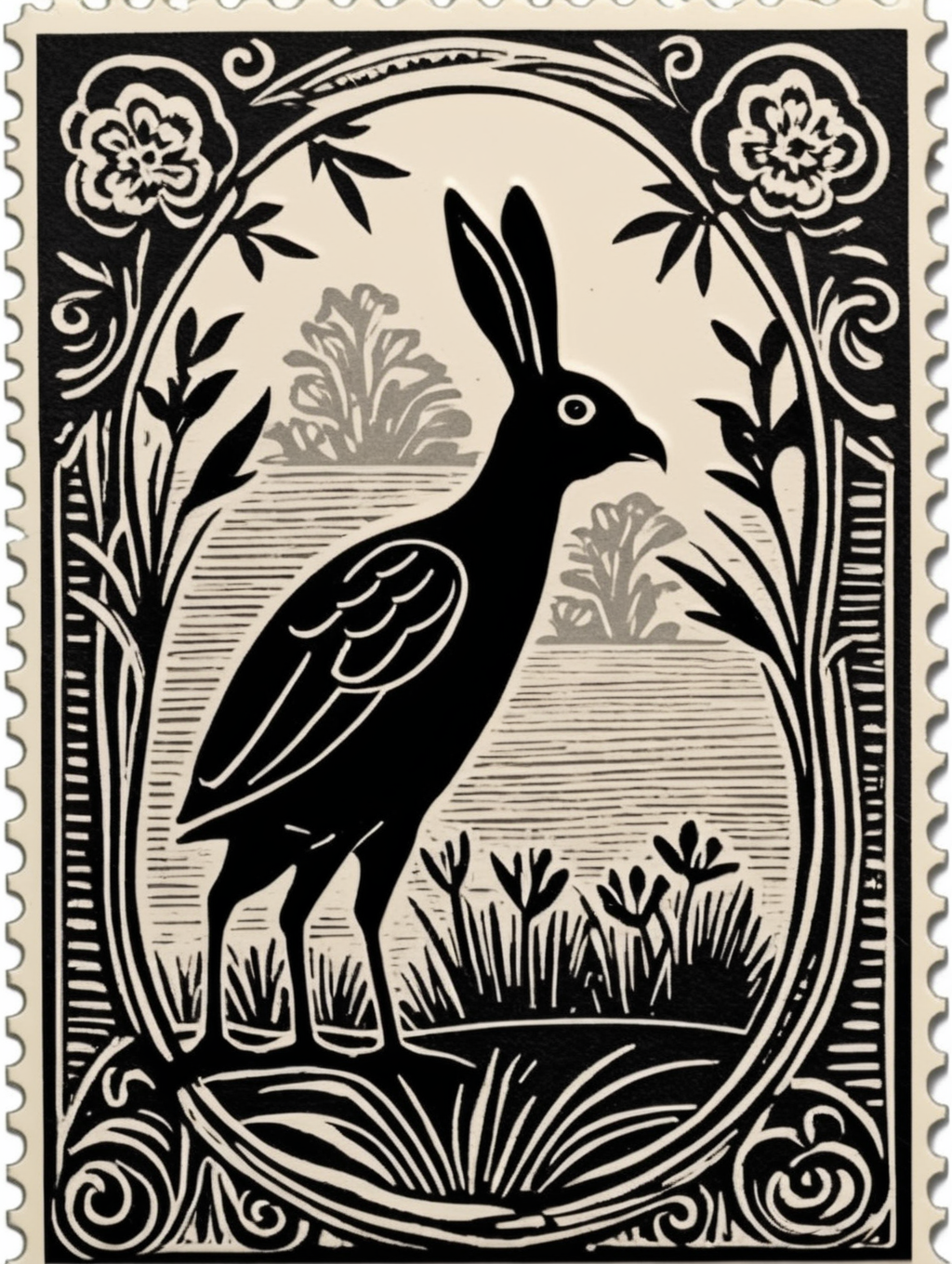 Premium Free ai Images | black and white linocut postage stamp easter ...