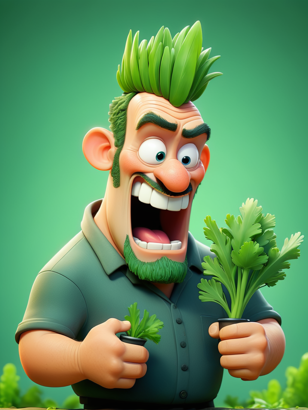 Premium Free ai Images | ugly man with parsley in his hand cartoon style