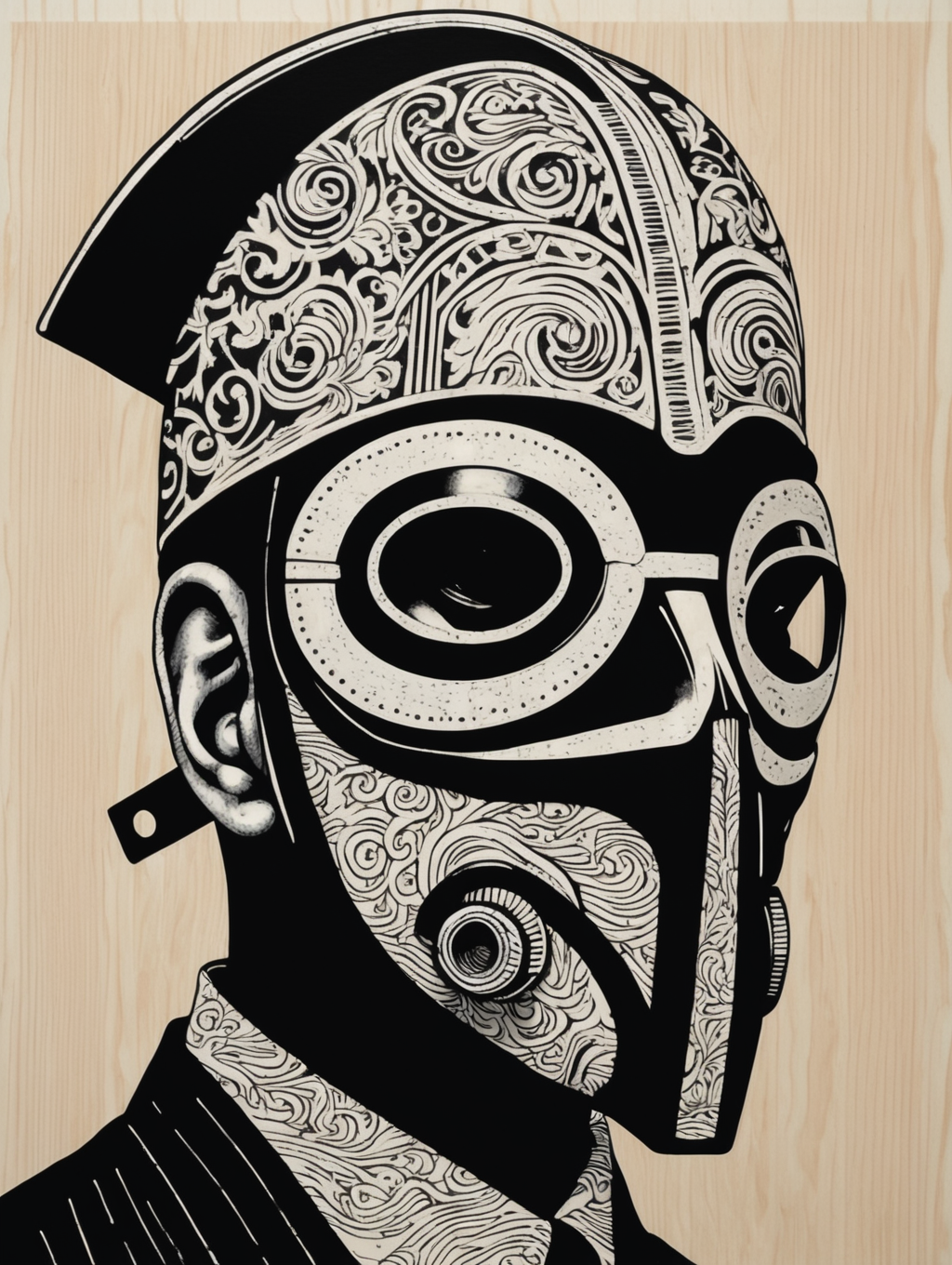 Premium Free ai Images | woodcut plague mask black and white bold lines