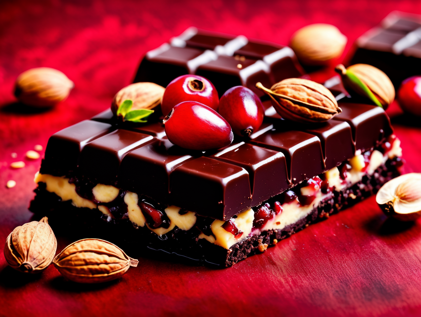 Premium Free ai Images | dark chocolate bar with nuts and red dried ...