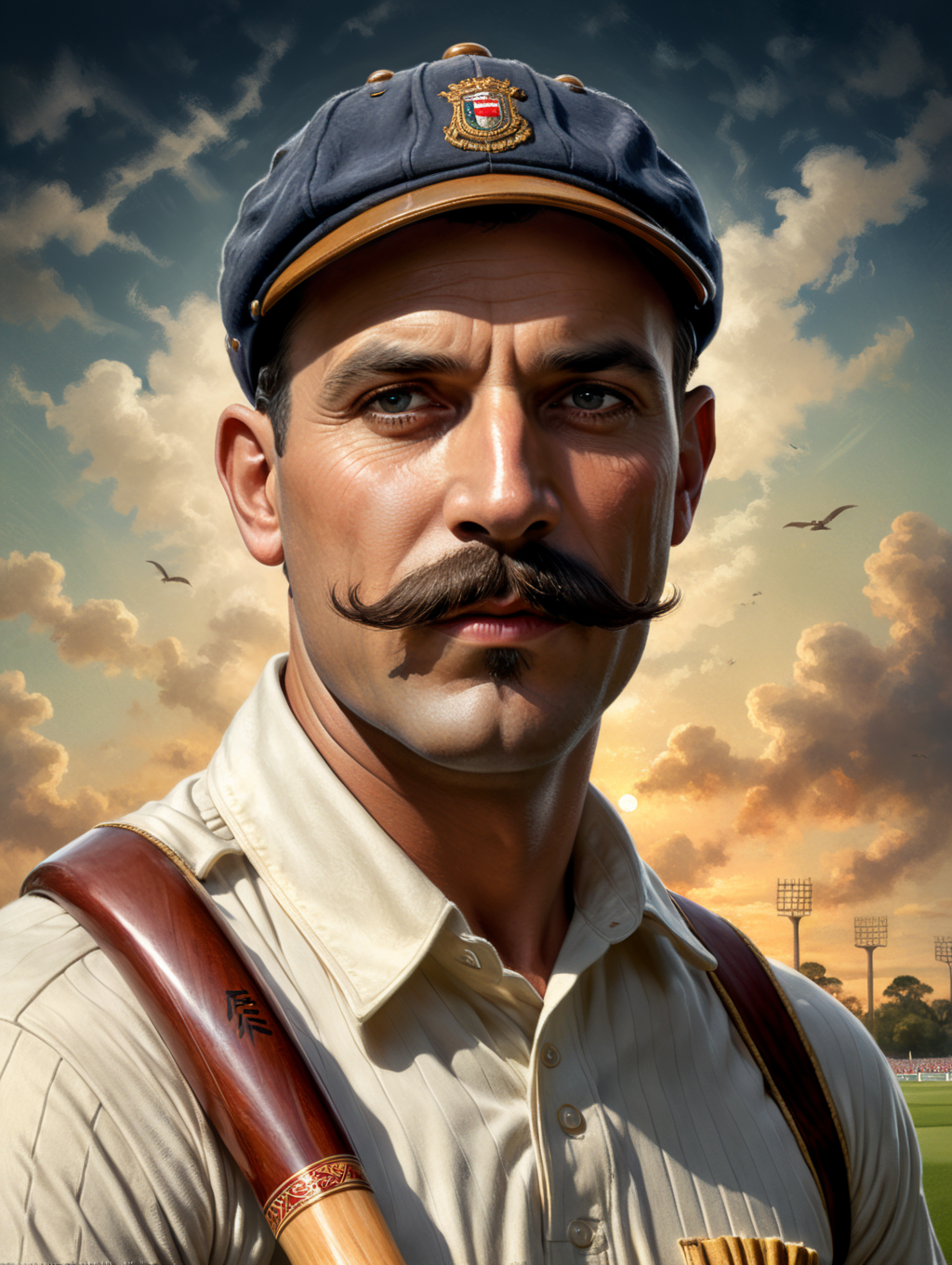 Premium Free ai Images | cricketer with moustache and cap holding his ...
