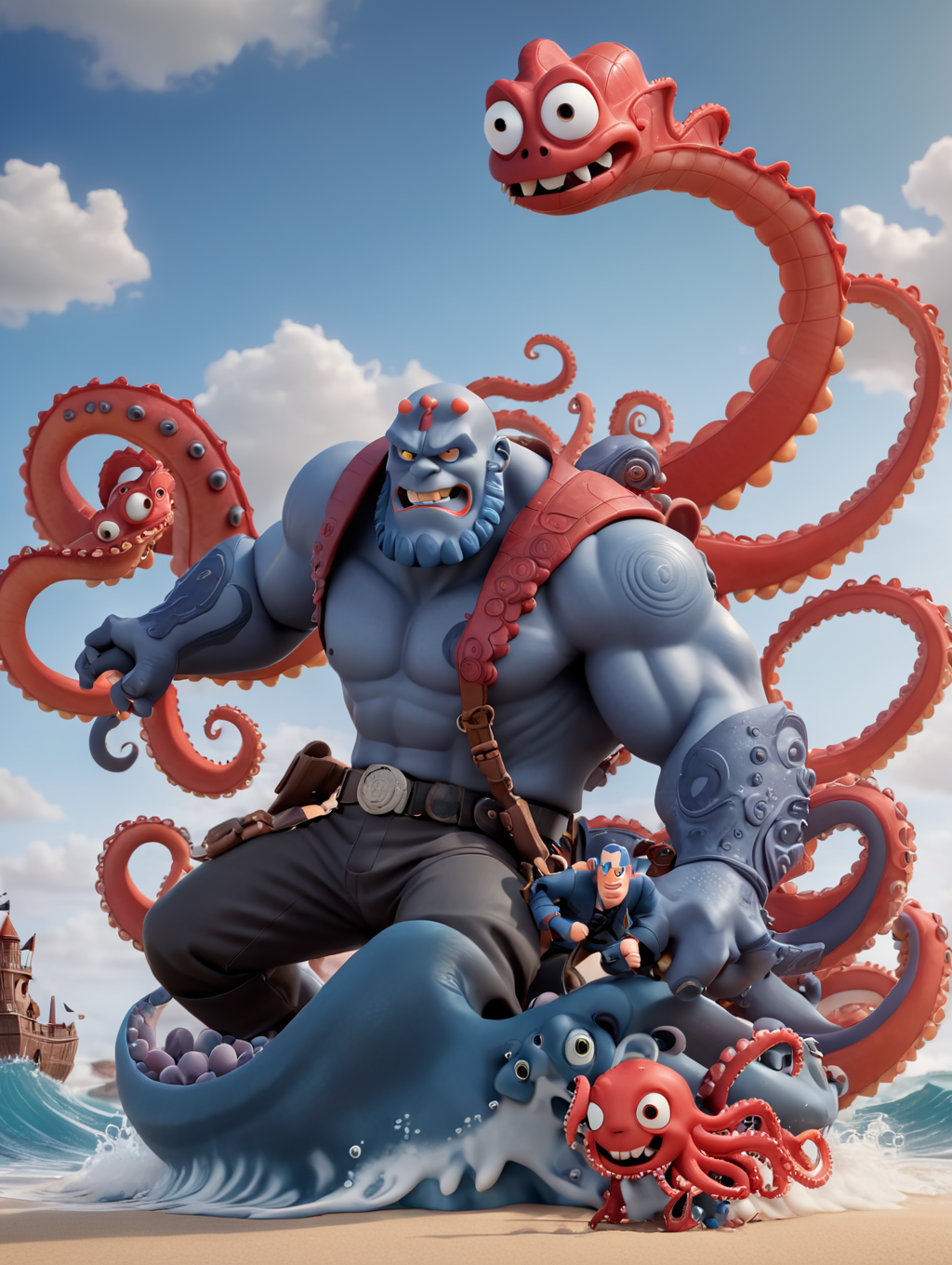 Premium Free ai Images | hellboy fighting octopus monster