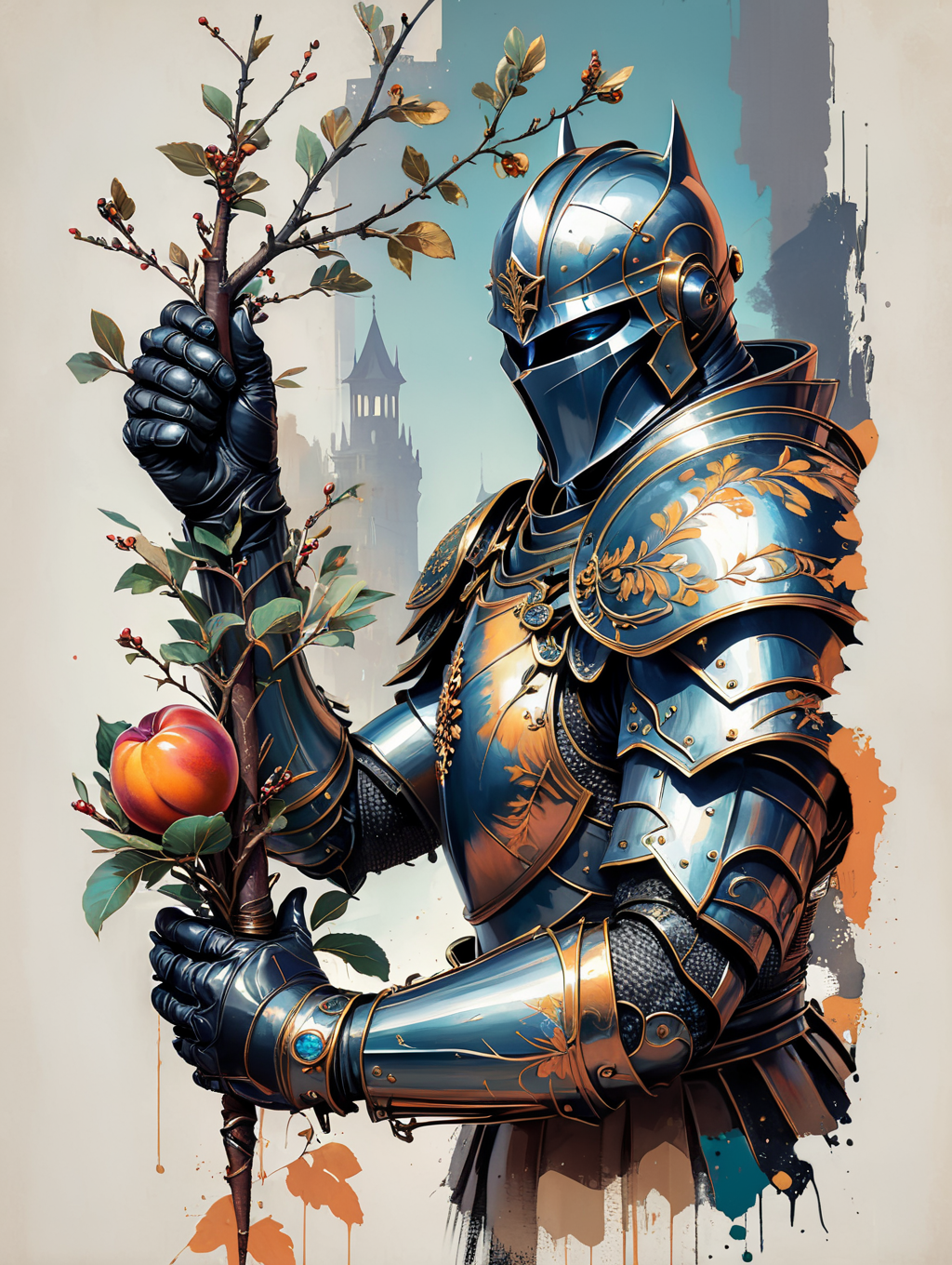Premium Free ai Images | knight hand holding mirabelle plum branch the ...