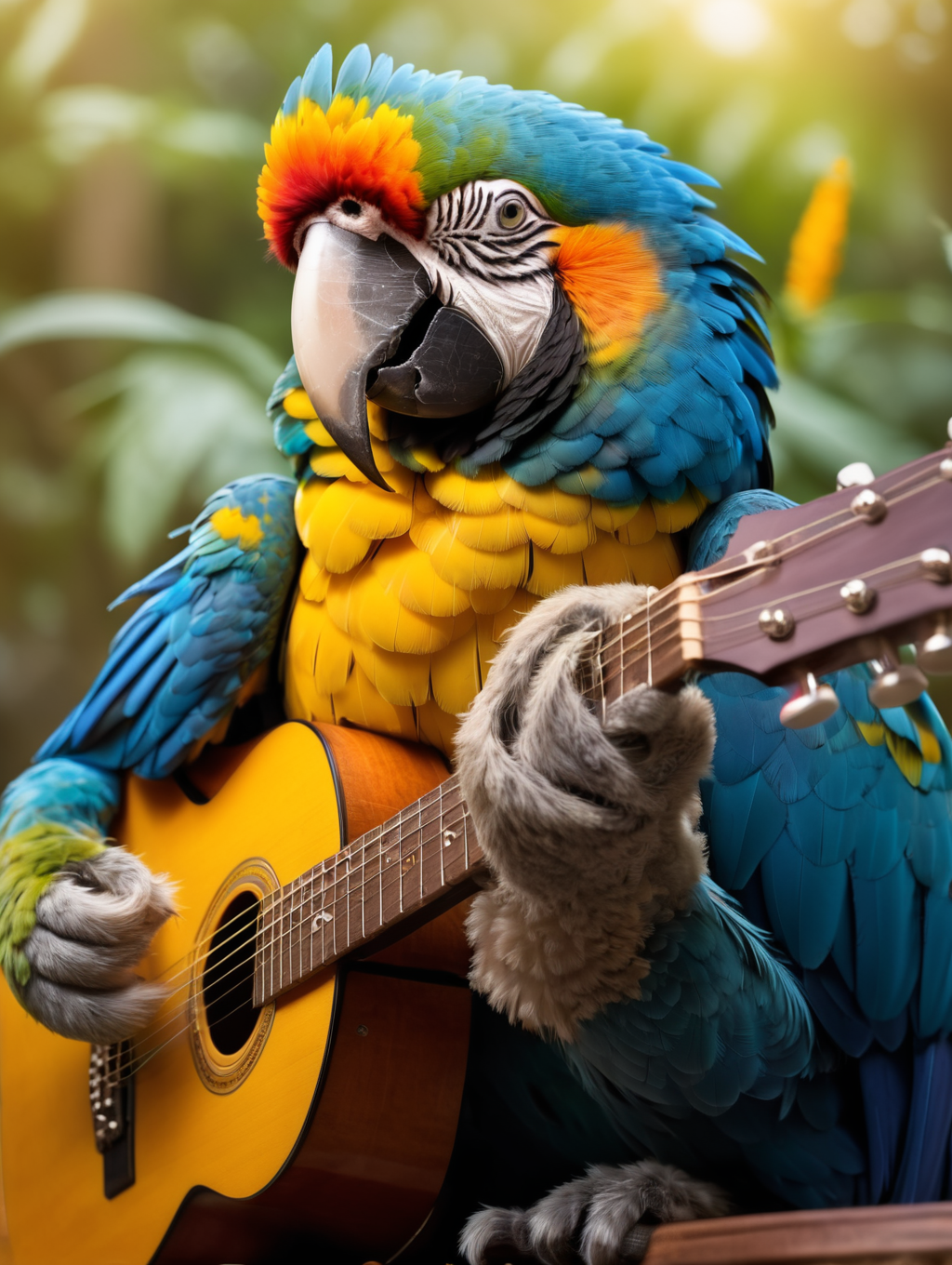 Premium Free ai Images | hippie macaw plaing guitar