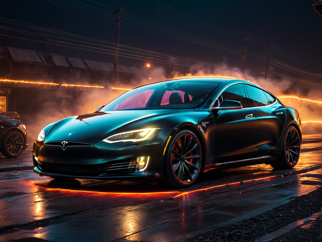 Premium Free ai Images | highly detailed clean tesla car with neon ...
