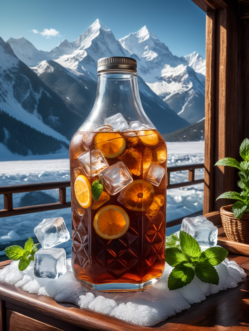 Premium Free ai Images | fresh ice tea bottle on big ice put some snowy ...