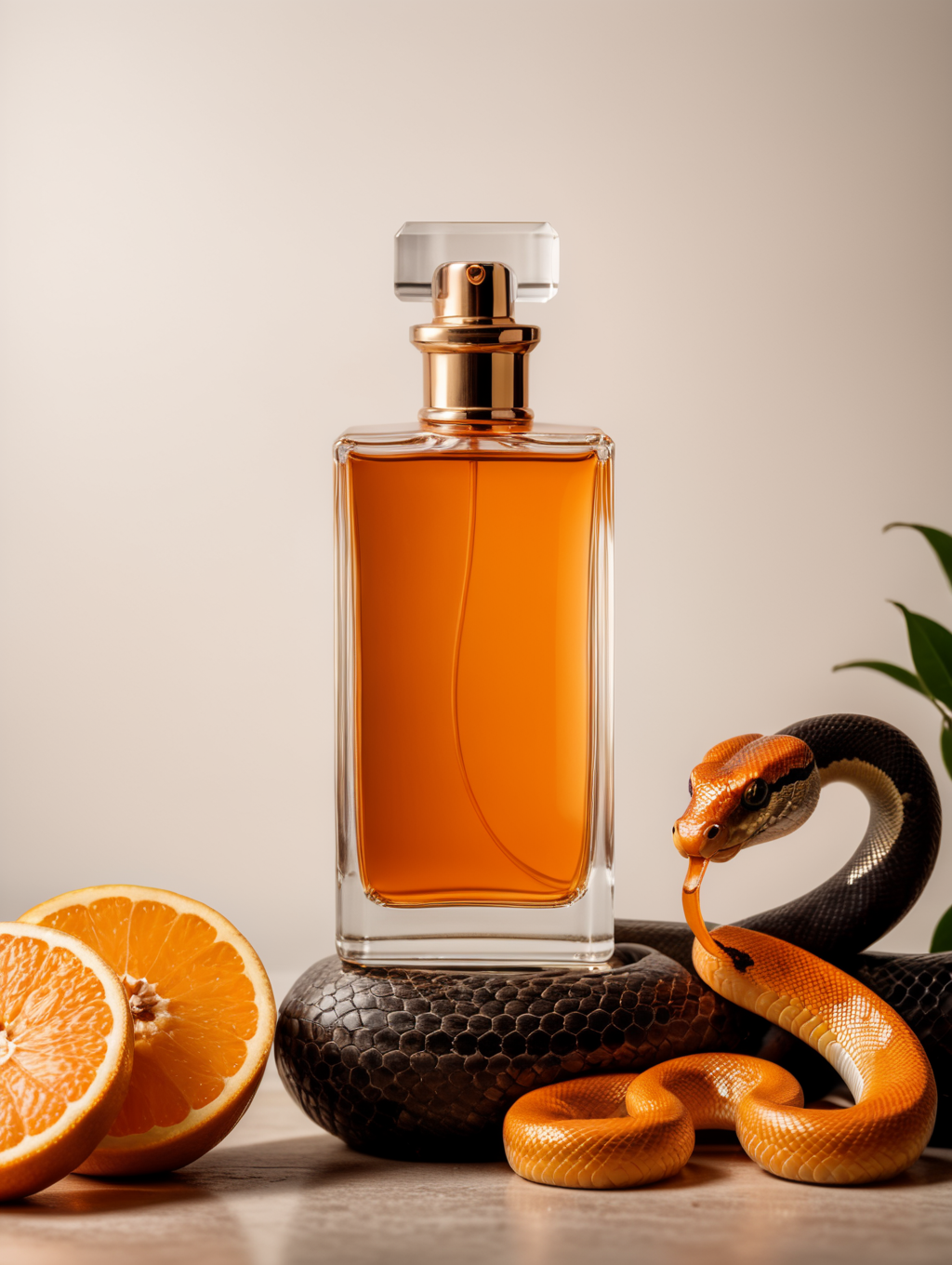 Premium Free ai Images | minimalist orange perfume bottle snake next to ...