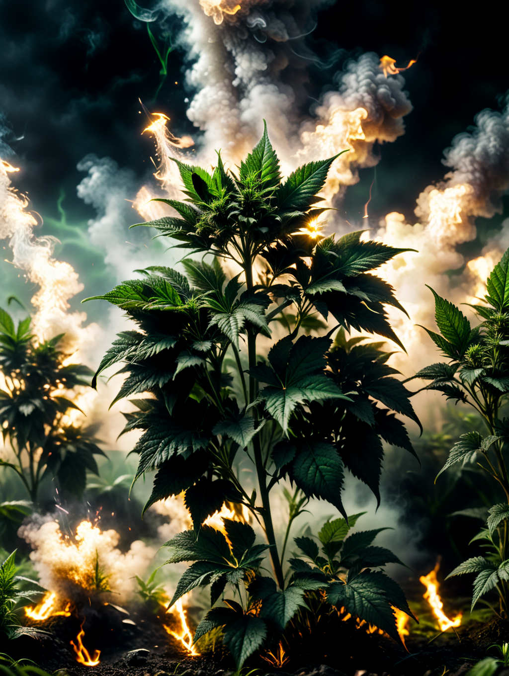 Premium Free ai Images | marijuana plants and field exploding weed leaves floating in the green ...