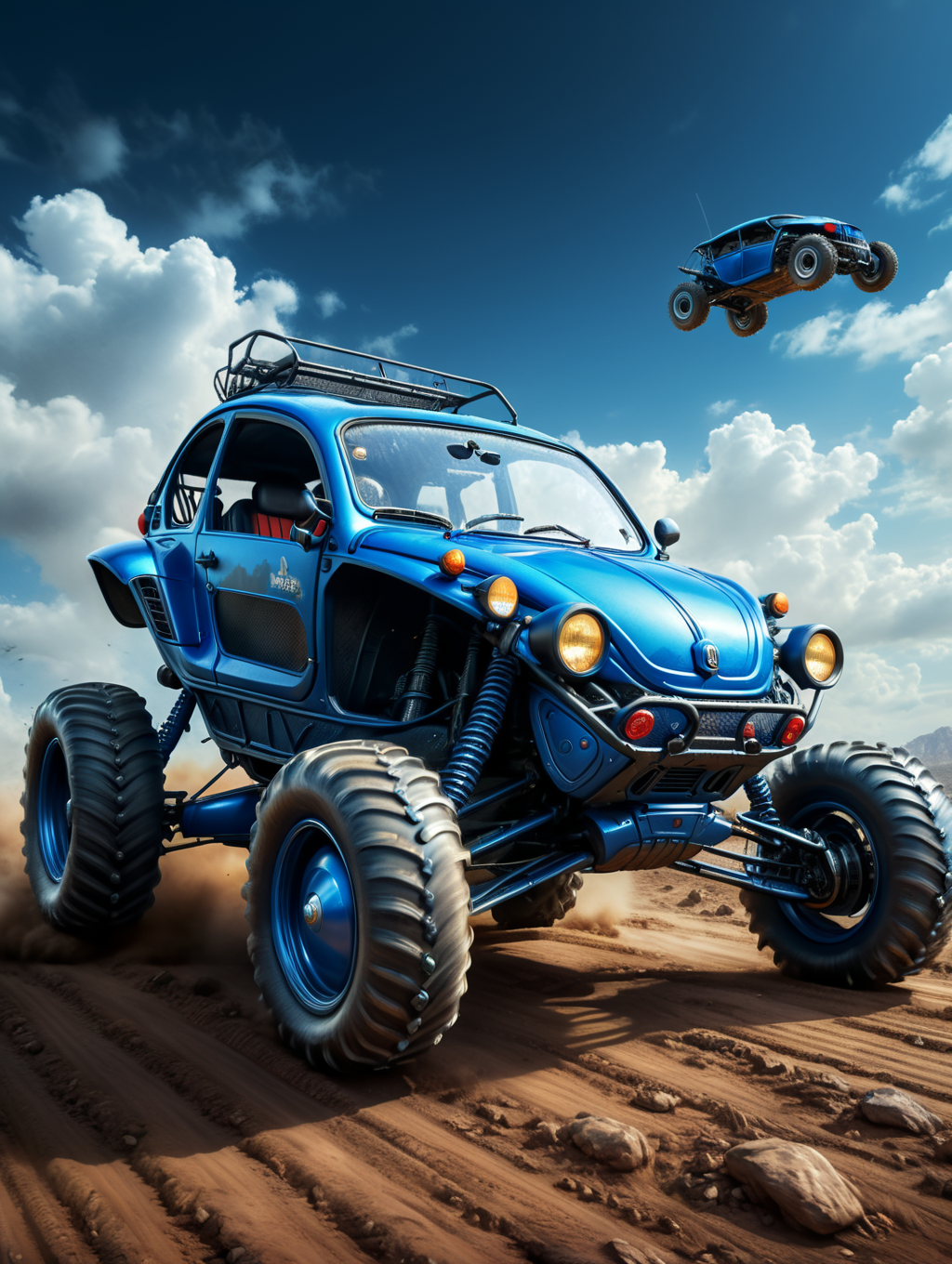 Premium Free ai Images | blue buggy car flying on the sky