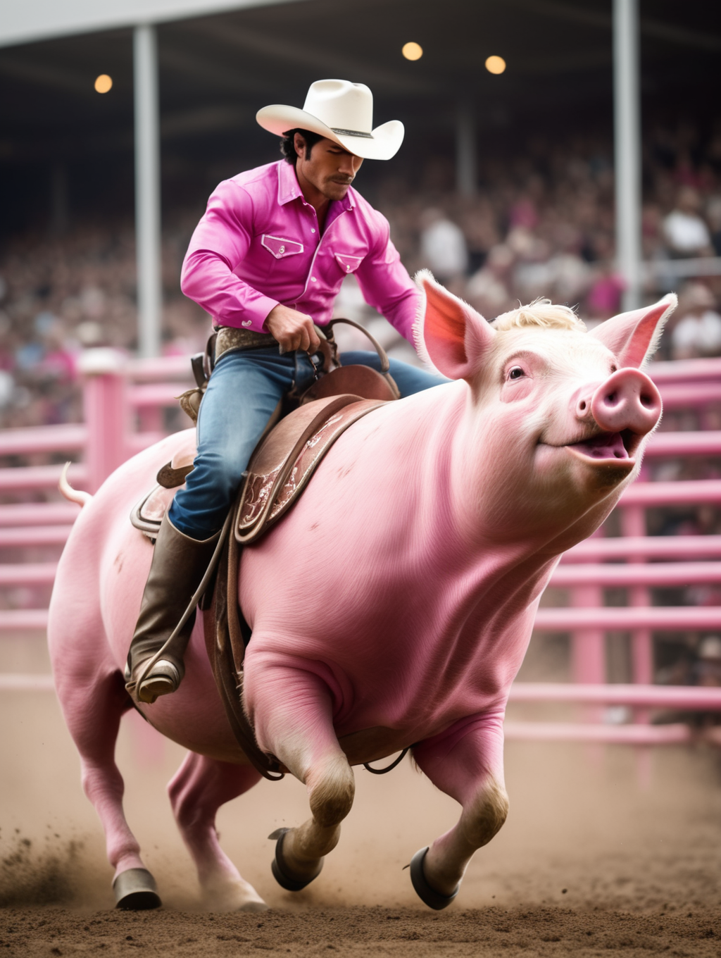 Premium Free ai Images | rodeo cowboy riding wild pink piggy rodo arena