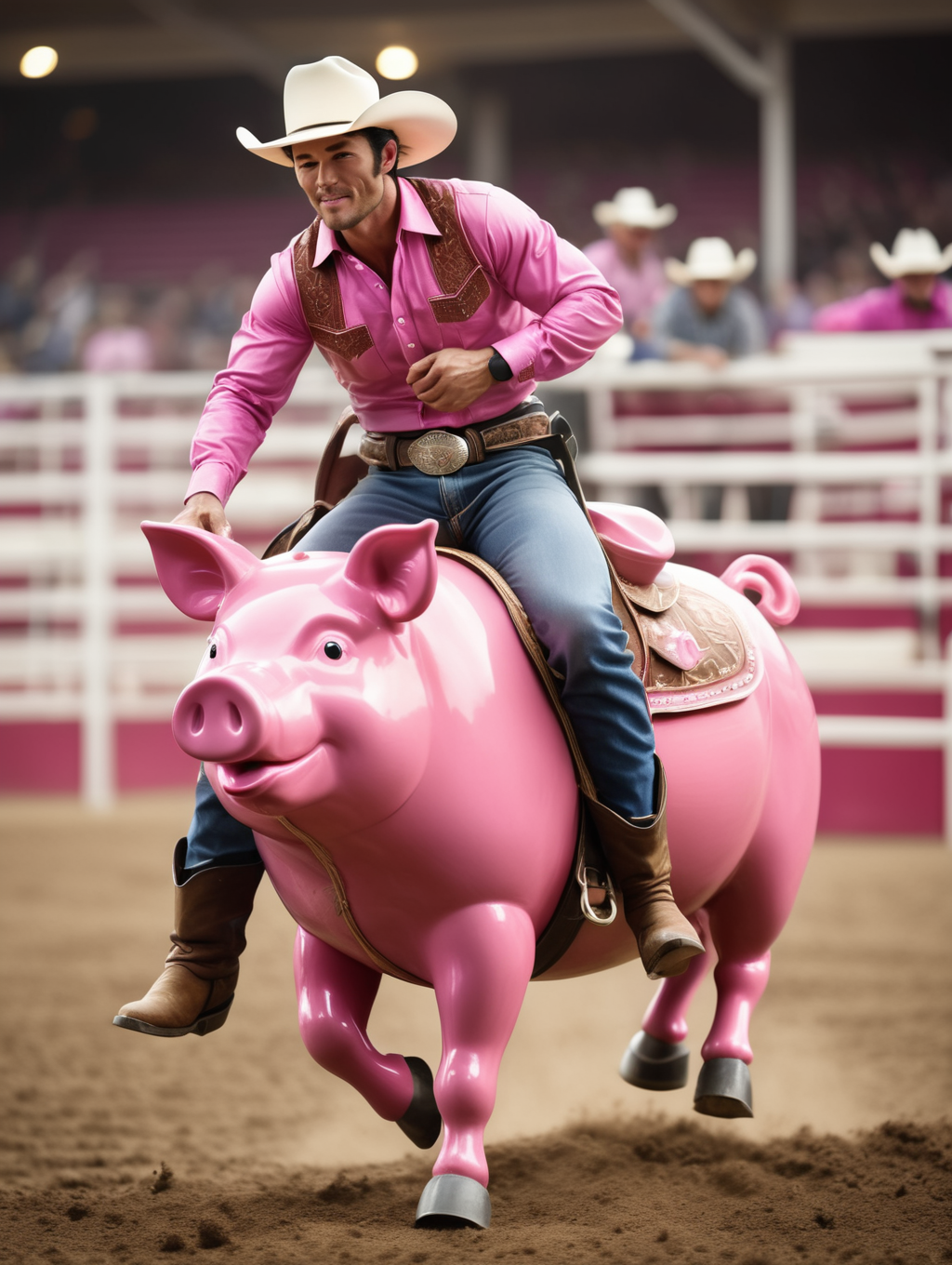 Premium Free ai Images | rodeo cowboy riding wild pink piggy bank on ...
