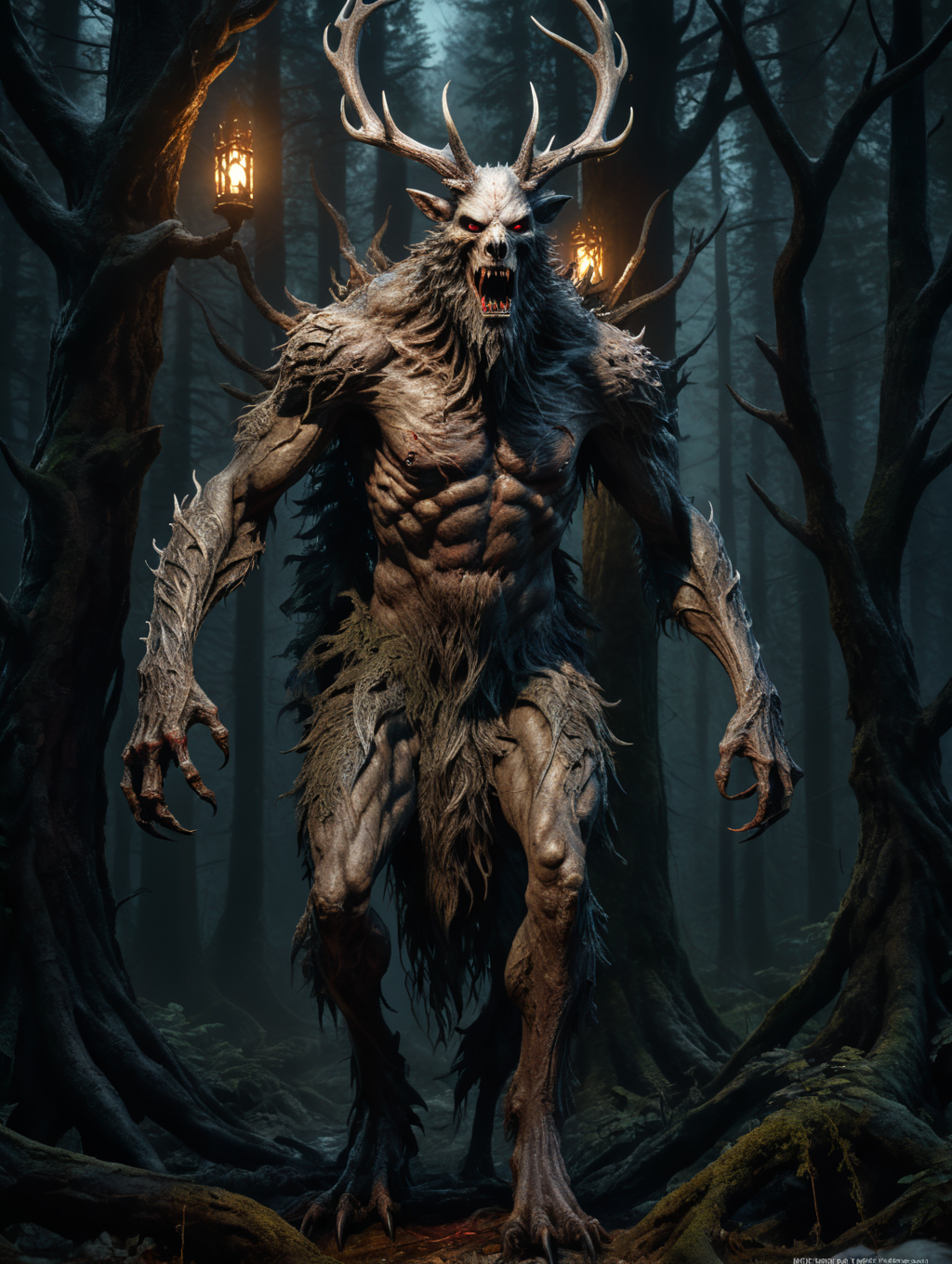 Premium Free ai Images | horror movie creature wendigo dark forest ...