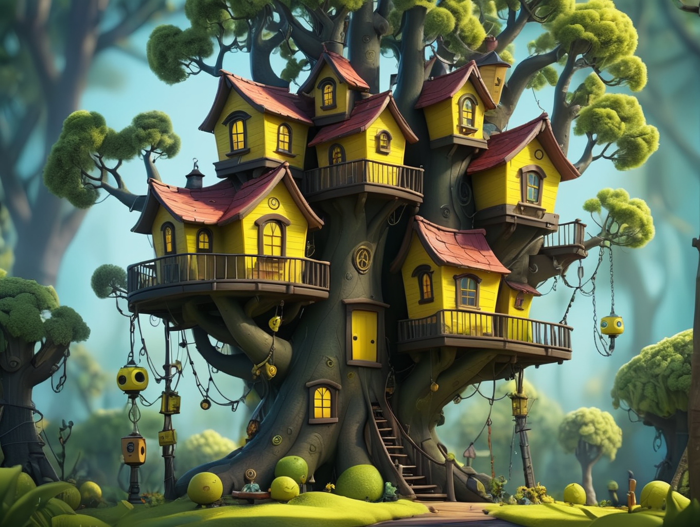 Premium Free ai Images | an elaborate whimsical bright yellow treehouse ...