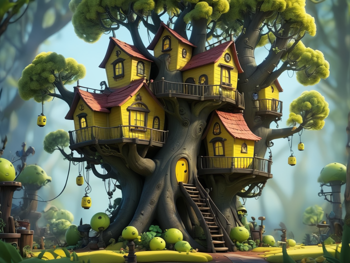 Premium Free ai Images | an elaborate whimsical bright yellow treehouse ...