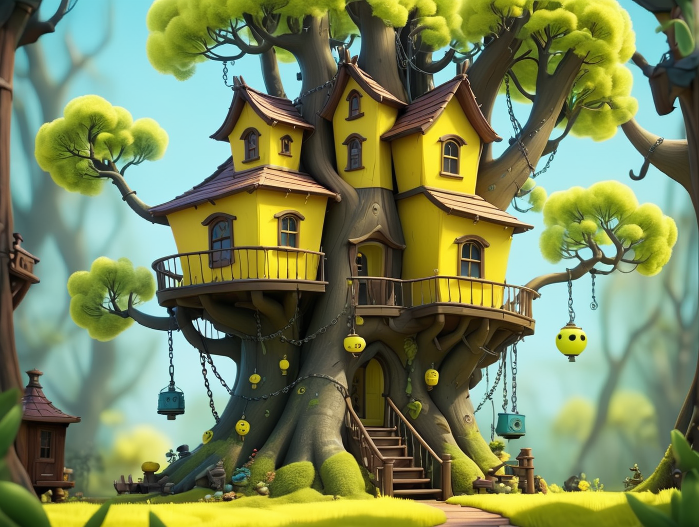 Premium Free ai Images | an elaborate whimsical bright yellow treehouse ...