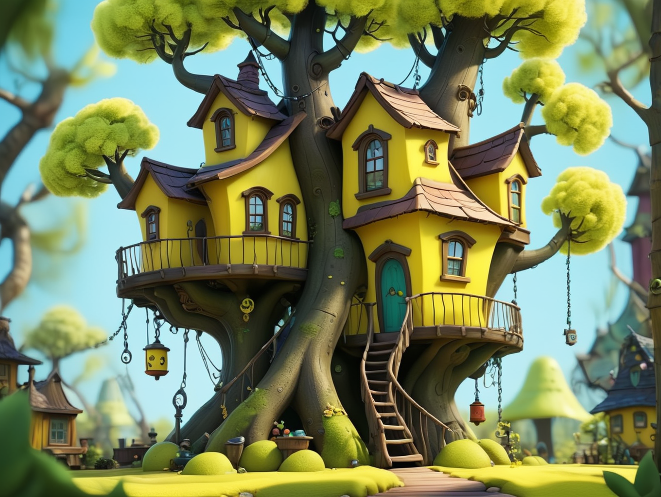 Premium Free ai Images | an elaborate whimsical bright yellow treehouse ...