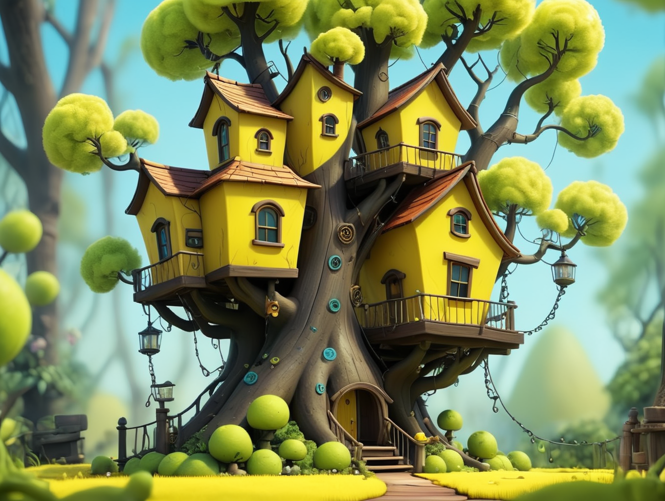 Premium Free ai Images | an elaborate whimsical bright yellow treehouse ...