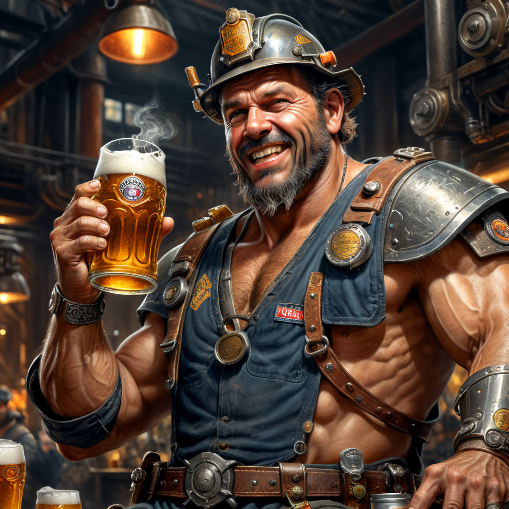 Premium Free ai Images | steelworker showing middle finger drinking beer