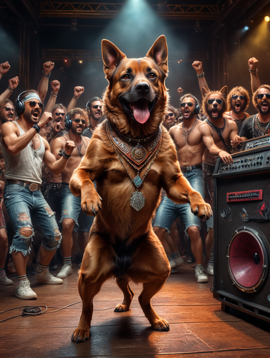 Premium Free ai Images | dancing brown dog listening to hardcore band