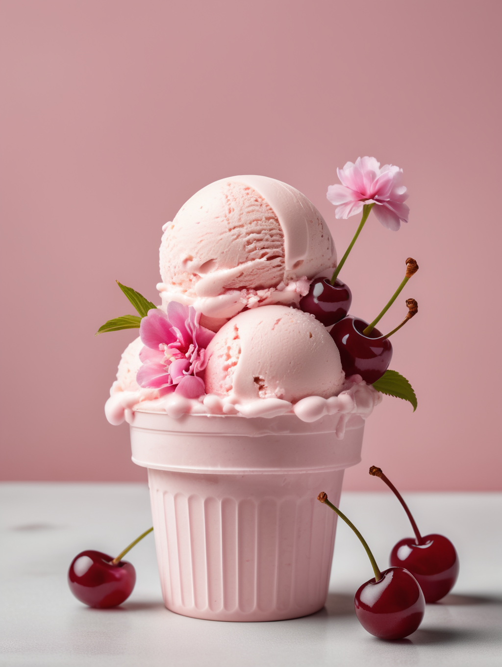 Premium Free ai Images | light pink ice cream with cherry flowers