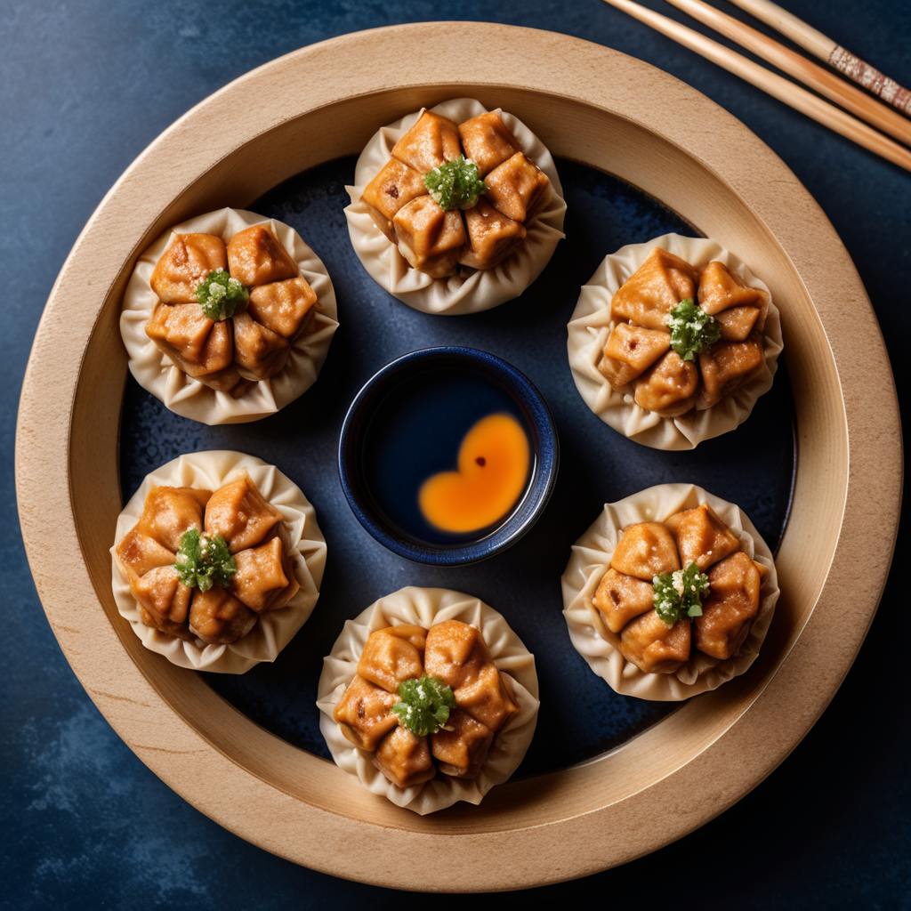 Premium Free ai Images | three chicken shumai dumpling dark blue ...