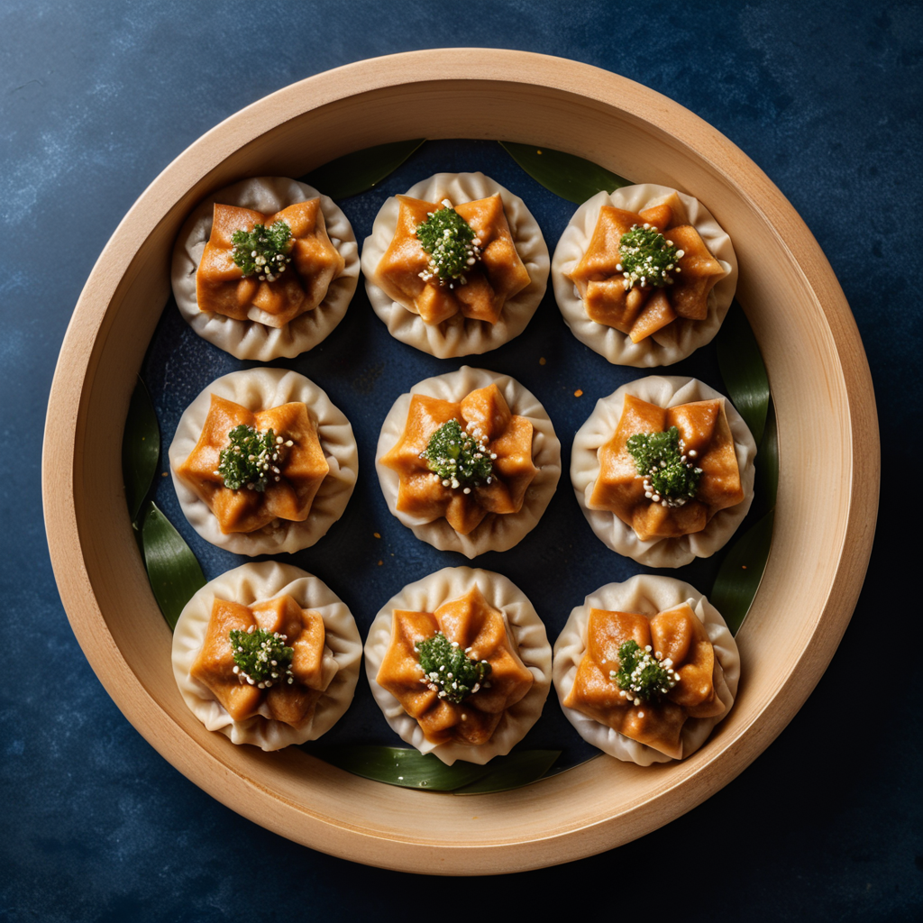 Premium Free ai Images | three chicken shumai dumpling dark blue ...