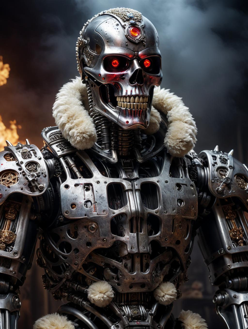 Premium Free ai Images | metal skeleton of terminator wearing fluffy ...
