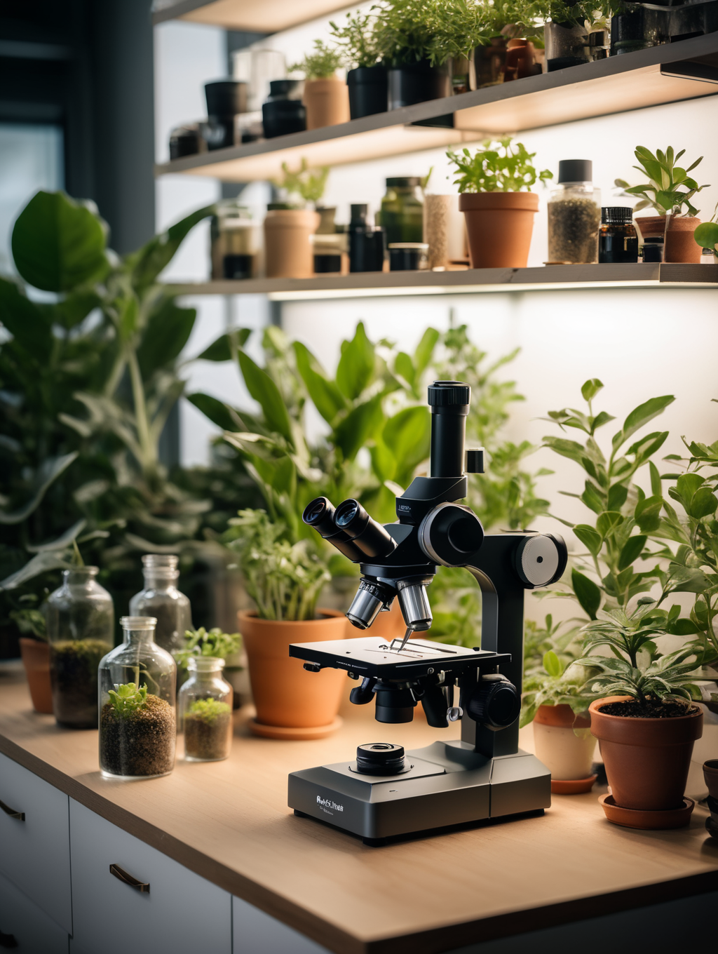 Premium Free ai Images | botanist lab microscope plants and beakers on ...