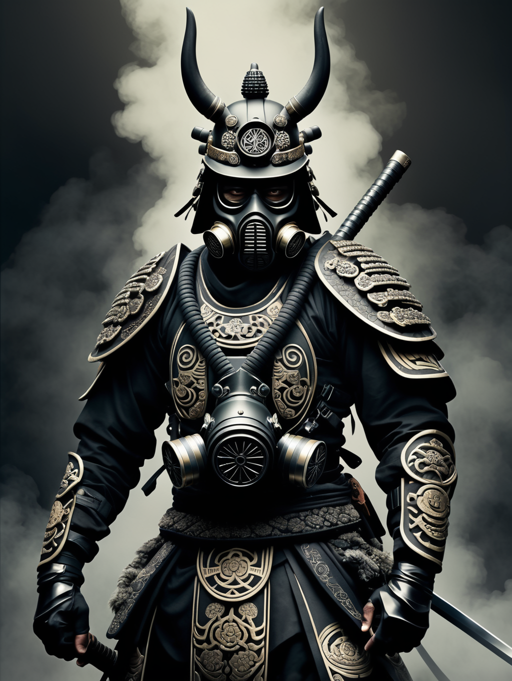 Premium Free ai Images | samurai wit hgas mask tribal version with dark ...