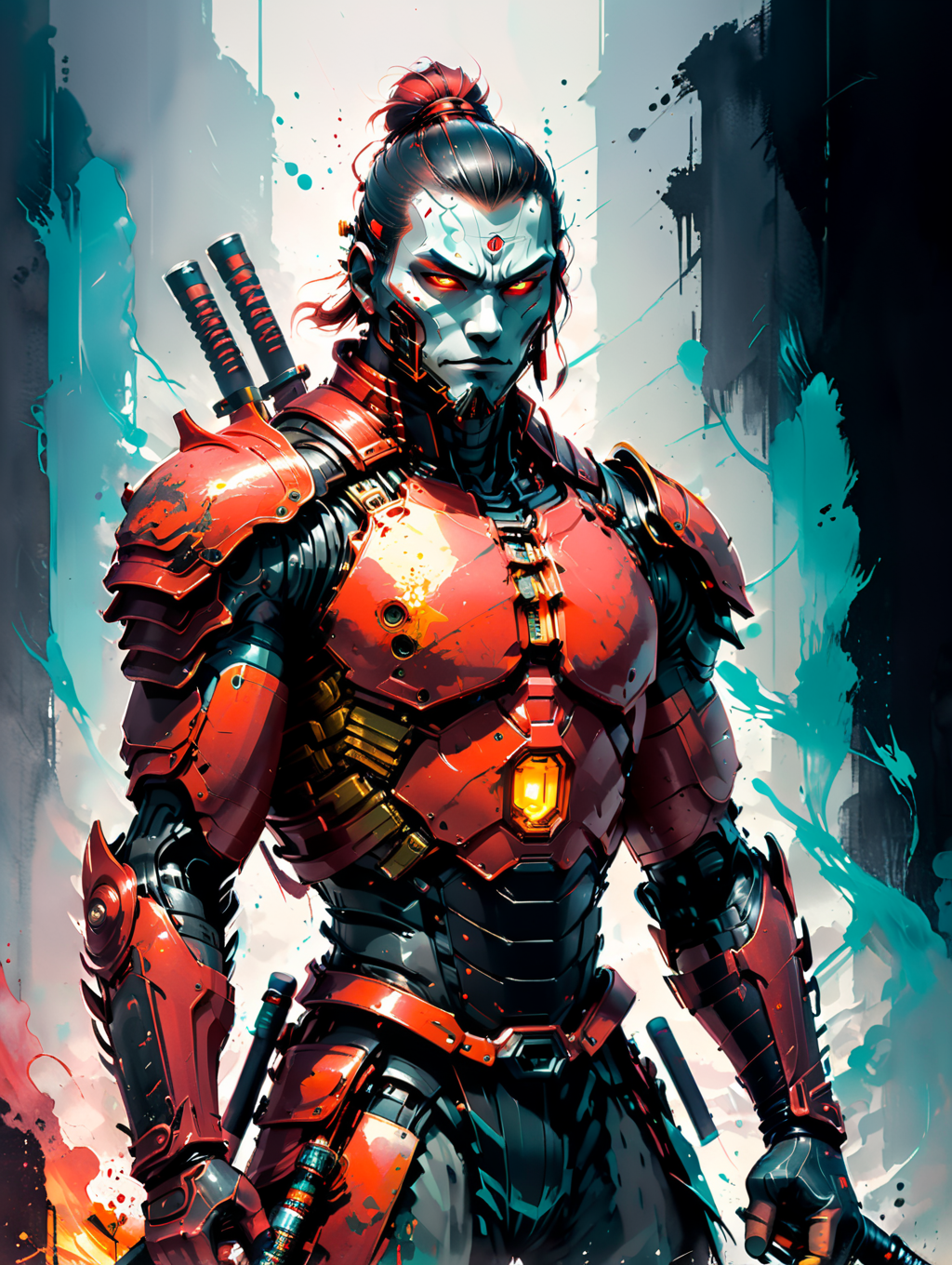 Premium Free ai Images | cyborg samurai in red armor holding glowing ...