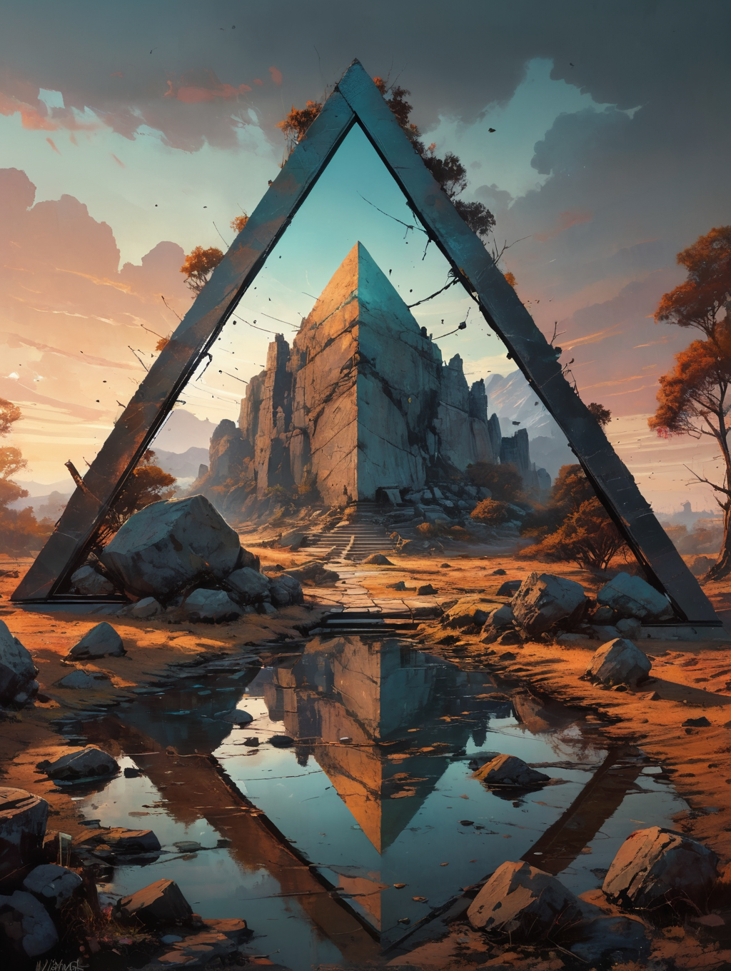 Premium Free ai Images | minimal landscape within triangle mirror ...