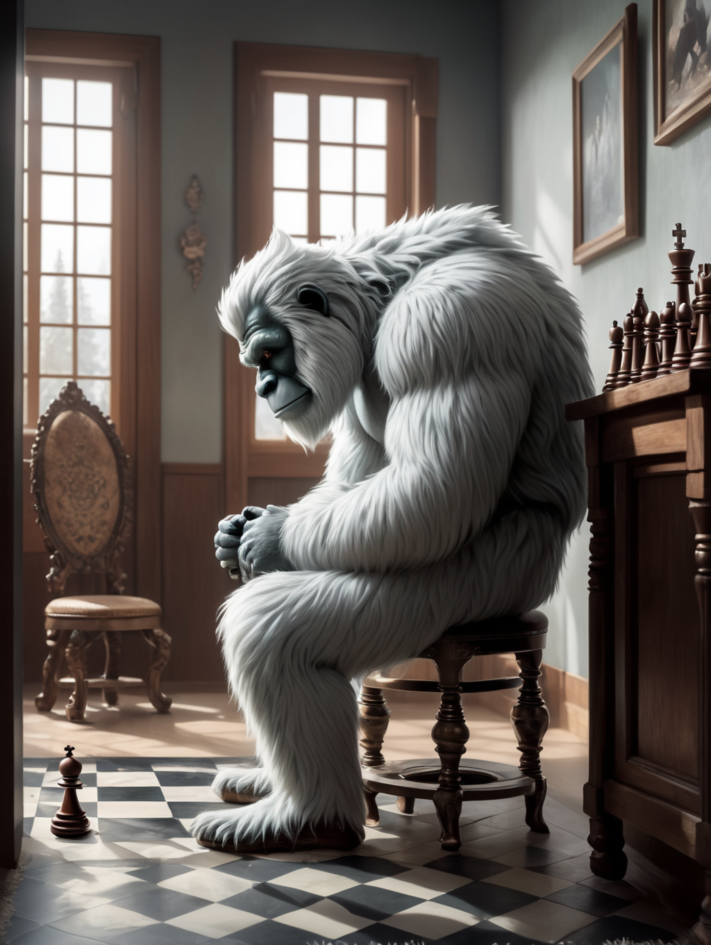 Premium Free ai Images | yeti inside room seen in profile full length with sweet expression he ...